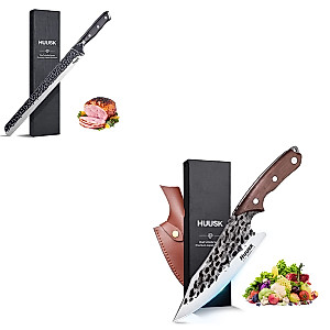 Huusk Viking Knife with Sheath Bundle with Brisket Knife Carving Knife for Slicing Meats Ribs Roasts Fruits BBQ Christmas Gifts Idea