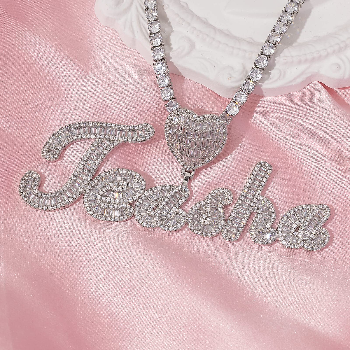 Iced Out Custom Name Necklace 14K Gold Hip Hop Simulated Diamond Charm Pendant with Cuban Link Chain, Personalized Name Plated Initial Letter Necklaces, Handmade Customized Jewelry Gifts for Man Woman (Silver)