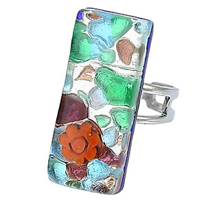 GlassOfVenice Murano Glass Venetian Reflections Rectangular Adjustable Ring - Silver Meadow