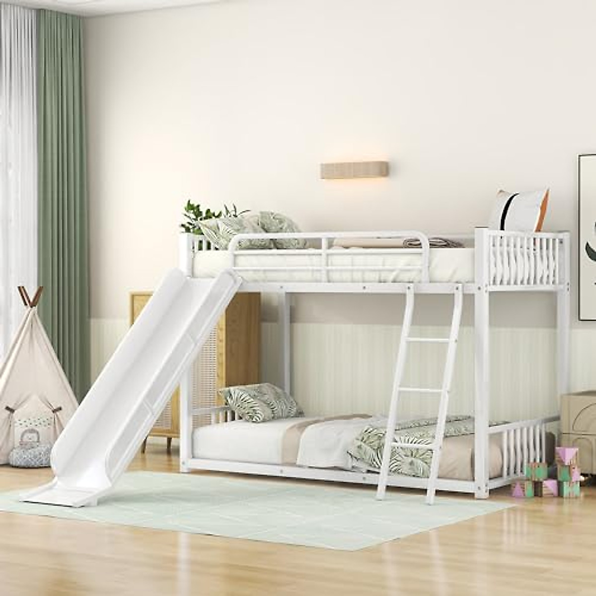 BOVZA Twin Over Twin Low Bunk Bed with Slide, Metal Bunk Bed Frame with Metal Slats Support and Guardrails for Kids Boys Girls Teens, No Box Spring Needed, White