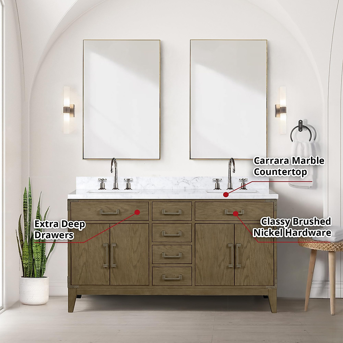Bell+Modern Harbor 60 in W x 22 in D Grey Oak Double Bath Vanity and Carrara Marble Top
