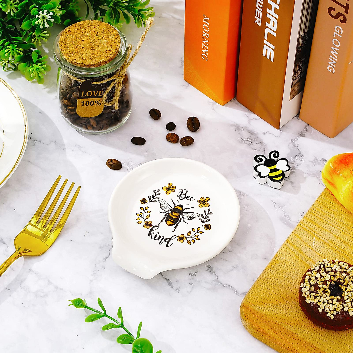 Whaline Bee Spoon Rest Kitchen Decoration Queen Bee Ceramic Coffee Spoon Holder Bee Kind Sauce Dishes Farmhouse Ring Dish for Kitchen Office Summer Bee Day Party Decor