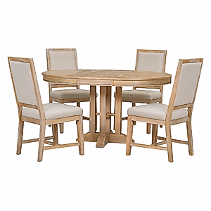 LUMISOL Extendable Round Dining Table Set with Chairs for 4-6 Persons Solid Wood 5 Piece Kitchen Dining Room Table Set for Saving Space, Natural Wood Wash