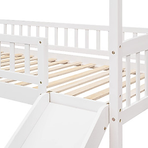Twin Loft Bed with Slide, Wood House Loft Bed Twin with Slide and Safety Guardrail, Kids Twin Bedframe with Slide, House Loft Bed for Kids Teens Boys Girls, No Box Spring Needed (White, Twin)