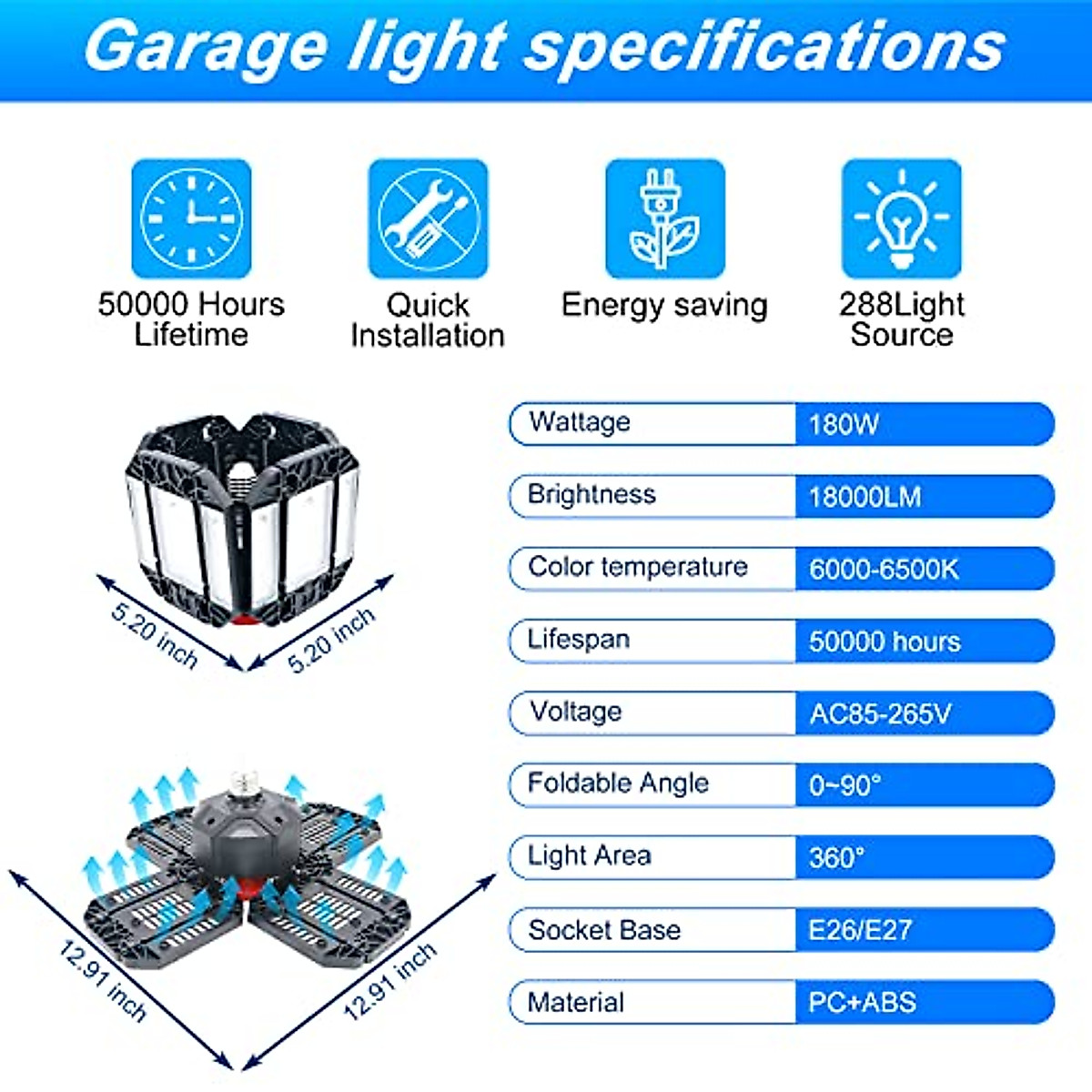 LED Garage Lights, 180W 18000 LM Deformable LED Garage Ceiling Lights with 12 Adjustable Panels, E26 E27 LED Shop Lights for Garage, Basement, Barn, Workshop, 6500K LED Bay Light