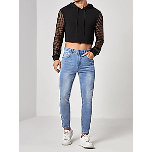 WDIRARA Men's Fishnet Mesh Long Sleeve Drawstring Crop Hoodie Sweatshirt Pullover Black M