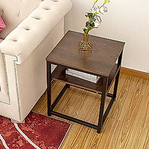 Coral Flower Nightstands Set of 2, 2-Tier Side Table Industrial End Table for Small Space in Living Room, Bedroom and Balcony, Stable Metal Frame, Dark Oak