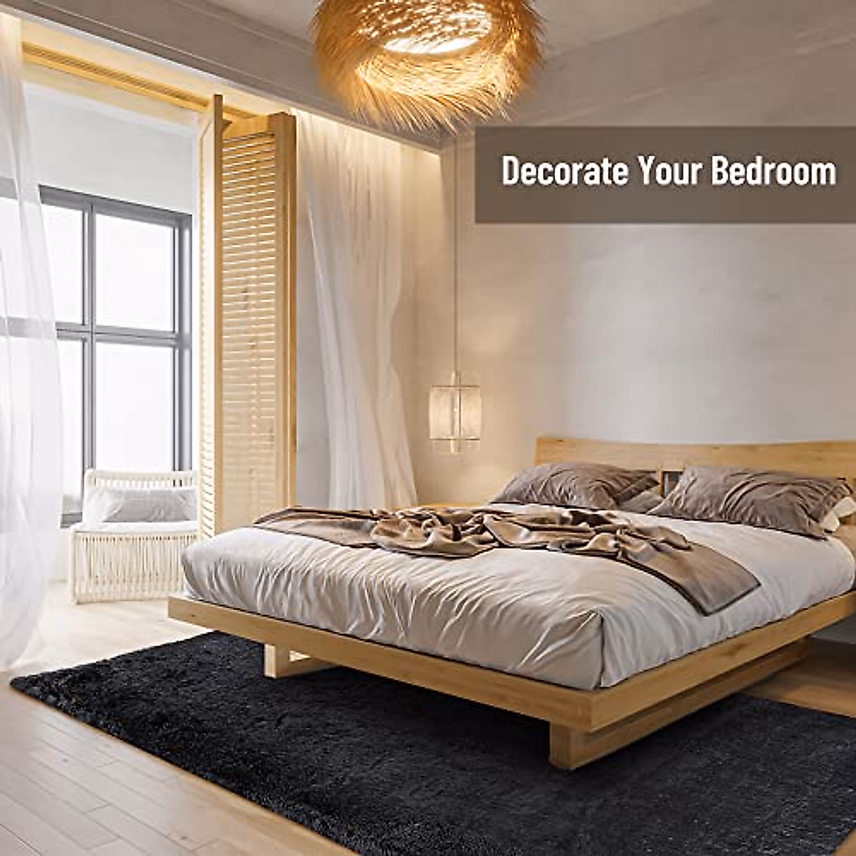 ALAISE Shaggy Area Rug Fluffy Carpets, 3x5 Feet Black Rug for Bedroom Living Room, Upgraded Anti-Slip Durable Memory Foam Throw Rug for Home Decor Kids Room Nursery Dorm Easy to Clean