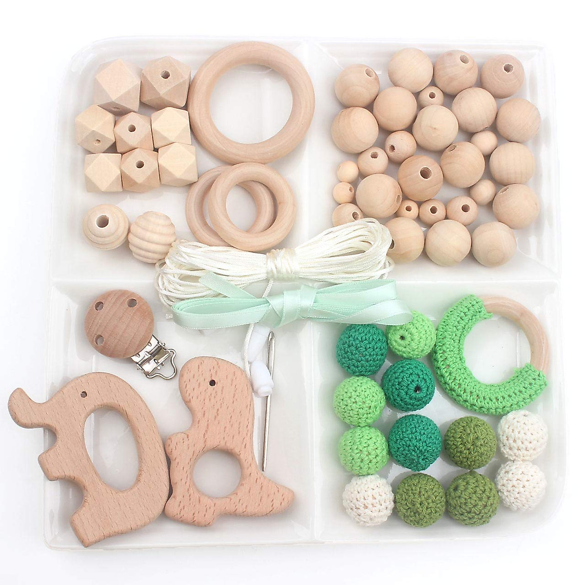 Teething Kit Baby Wooden Beads Rings Supplies, Make Your Own Baby Chew Jewelry, DIY Teether Necklace, 61pcs, Green