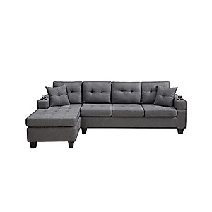 BIADNBZ Modern Sectional Sofa Set with Reversible Chaise Lounge,2 Pillows and Cup Holders,4-Seat L-Shaped Upholstered Couch for Living Room Office Apartment, Gray