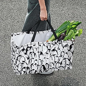 KQNZT Reusable Grocery Bags, Large Foldable Reusable Shopping Tote Bags Bulk for Groceries, Waterproof Kitchen Cloth Produce Bags with Long Handles, Animal Penguin
