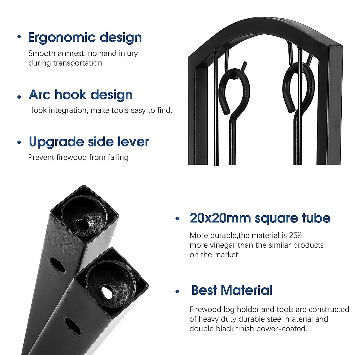 Delxo Fireplace Rack Indoor with 4 pcs Fireplace Tools Fire Pits Tools for Outdoor Log Holder Wood Stove Accessories Black Fireplace Log Rack Wrought Iron Logs Bin Holder for Fireplace Tool Set