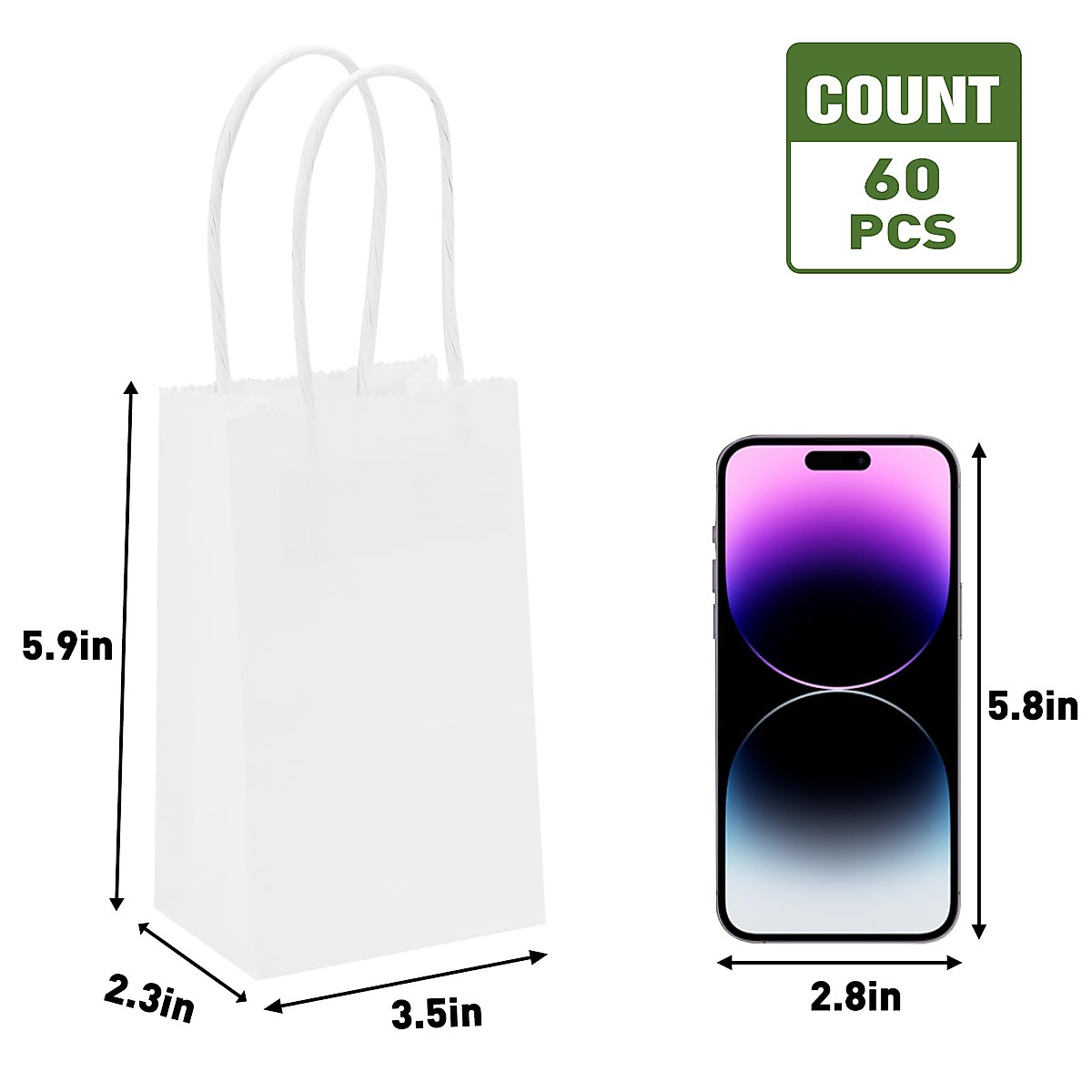 Moretoes 60pcs Small White Paper Bags 6x3.5x2.4 Inches Mini Kraft Gift Bags with Handles Bulk, Party Favor Bags Goodie Bags, Merchandise Bags for Business, Shopping, Retail, Small Gifts