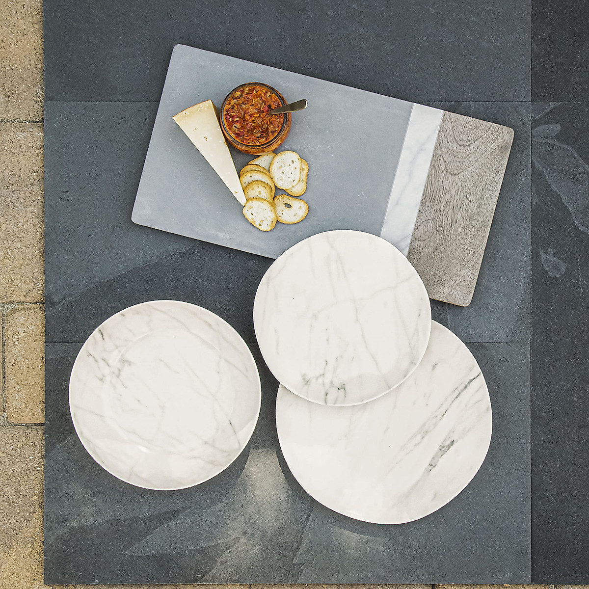 TarHong Carrara Marble Dinnerware 12 Piece Set, Pure Melamine, Shatterproof, 4 Dinner Plates, 4 Salad Plates, 4 Bowls