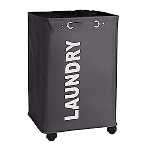 WENKO Quadro Laundry Basket with Wheels, Rolling Laundry Bin with Lid, Slim Laundry Hamper, Laundry Sorter, Clothes Storage, Grey, 15.7 x 23.6 x 13 inch