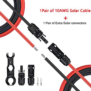 SGANGCAR Solar Extension Cable 6 Feet 10AWG Solar Panel Cable with Pair of Connectors and Adaptor Kit Tools (6FT Red + 6FT Black)