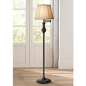 Regency Hill Traditional Adjustable Swing Arm Floor Lamp 58" Tall Painted Restoration Black Bronze Swirl Font Faux Silk Beige Drum Shade for Living Room Reading House Bedroom Family Home