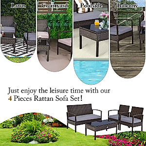 Moccha 4-Piece Patio Rattan Furniture Set, Outdoor Wicker Conversation w/ Padded Cushion & Coffee Table, Bistro Sofa Set w/ Tempered Glass Tabletop for Outdoor Indoor Patio Poolside Backyard, Brown