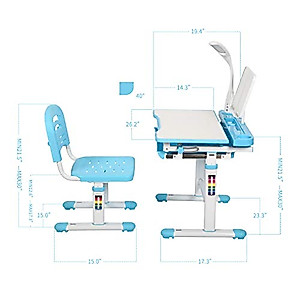 Diroan Kids Functional Desk and Chair Set, Height Adjustable Children School Study Desk with Tilt Desktop, Book Stand, LED Light, Metal Hook and Storage Drawer for Boys Girls Blue