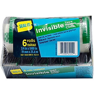 Seal-It Invisible Stationery Tape 3/4 x 1000 Inches On Press N' Cut Dispenser, Pack of 6 Total 6000 Inches, White (62452)