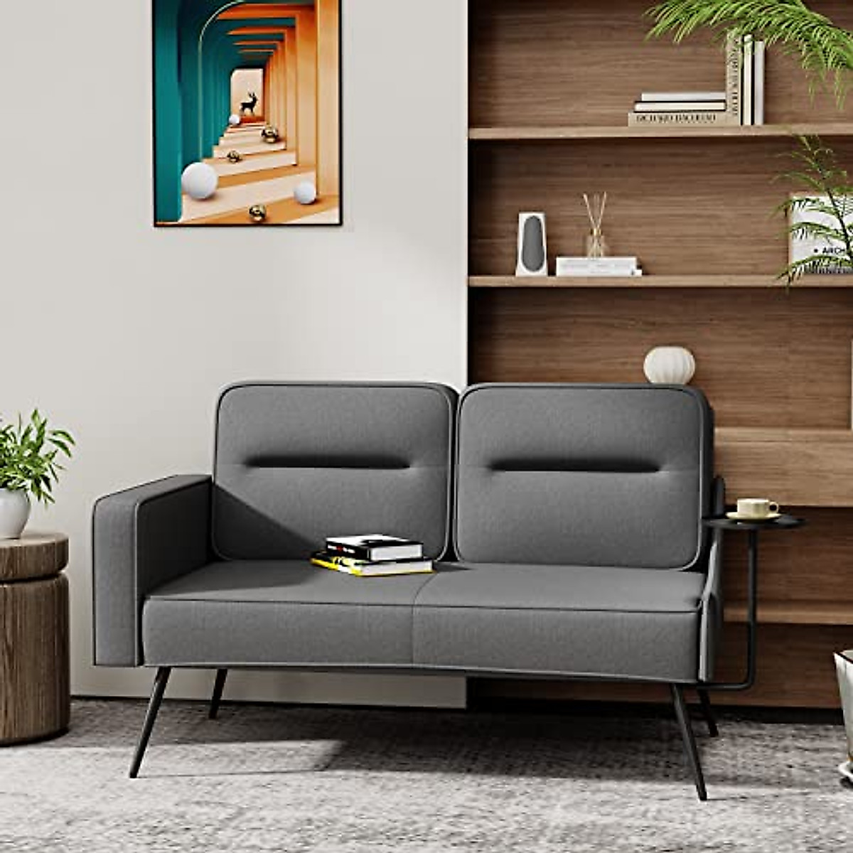 Alunaune Upholstered Grey Loveseat Bench, Modern 2-Seat Small Cushion Couch Living Room Settee Love Seat Sofa, Mid Century Lounge Chair for Bedroom