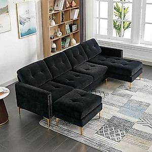110" U-Shaped Sectional Sofa with Reversible Chaise and Movable Ottoman, 5-Seater Convertible Corner Couch with Side Pockets and Nail Head, Modern Comfy Sofa for Home Office Apartment (Black-021)