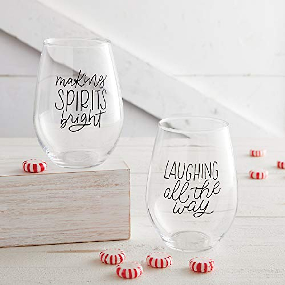 Creative Brands Christmas Wine Glasses Stemless Wine Glass by Faithworks, 20-Ounce, Spirits Bright