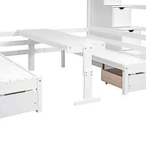 MERITLINE Full Loft Bed with Stairs and Desk, Wooden Full Loft Bed with Desk, Bunk Bed Full with Convertible Seats and Table Set Underneath for Kids Girls Boys Teens,White