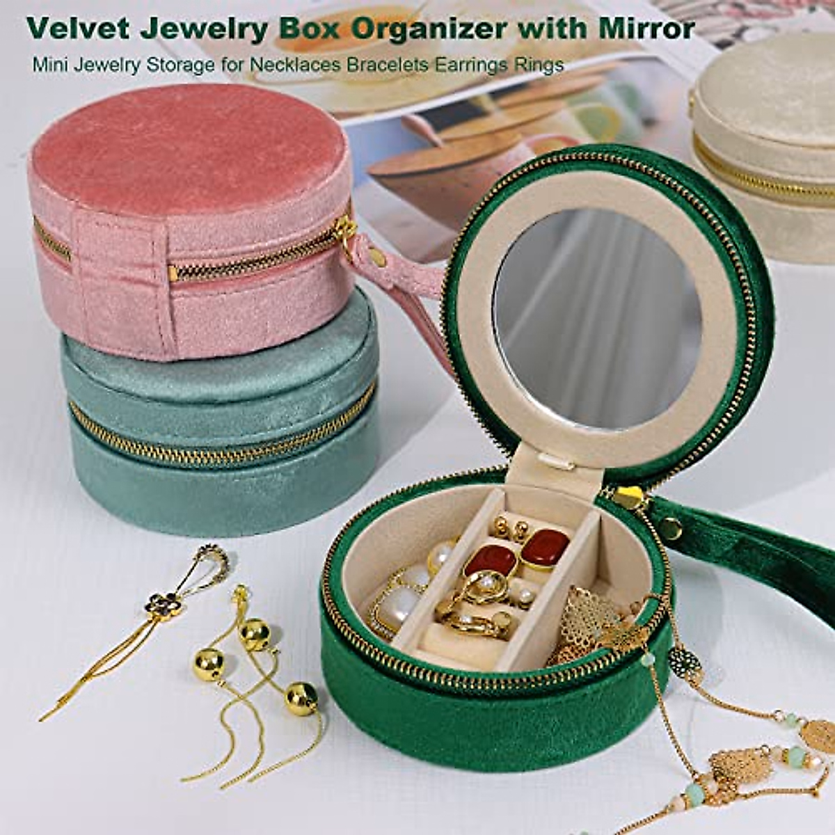 TOPLDILB Plush Velvet Travel Jewelry Box - Mini Jewelry Travel Case with Mirror Portable Small Jewelry Organizer Gift for Christmas Mother's Day Thanksgiving Anniversary Birthday - Emerald
