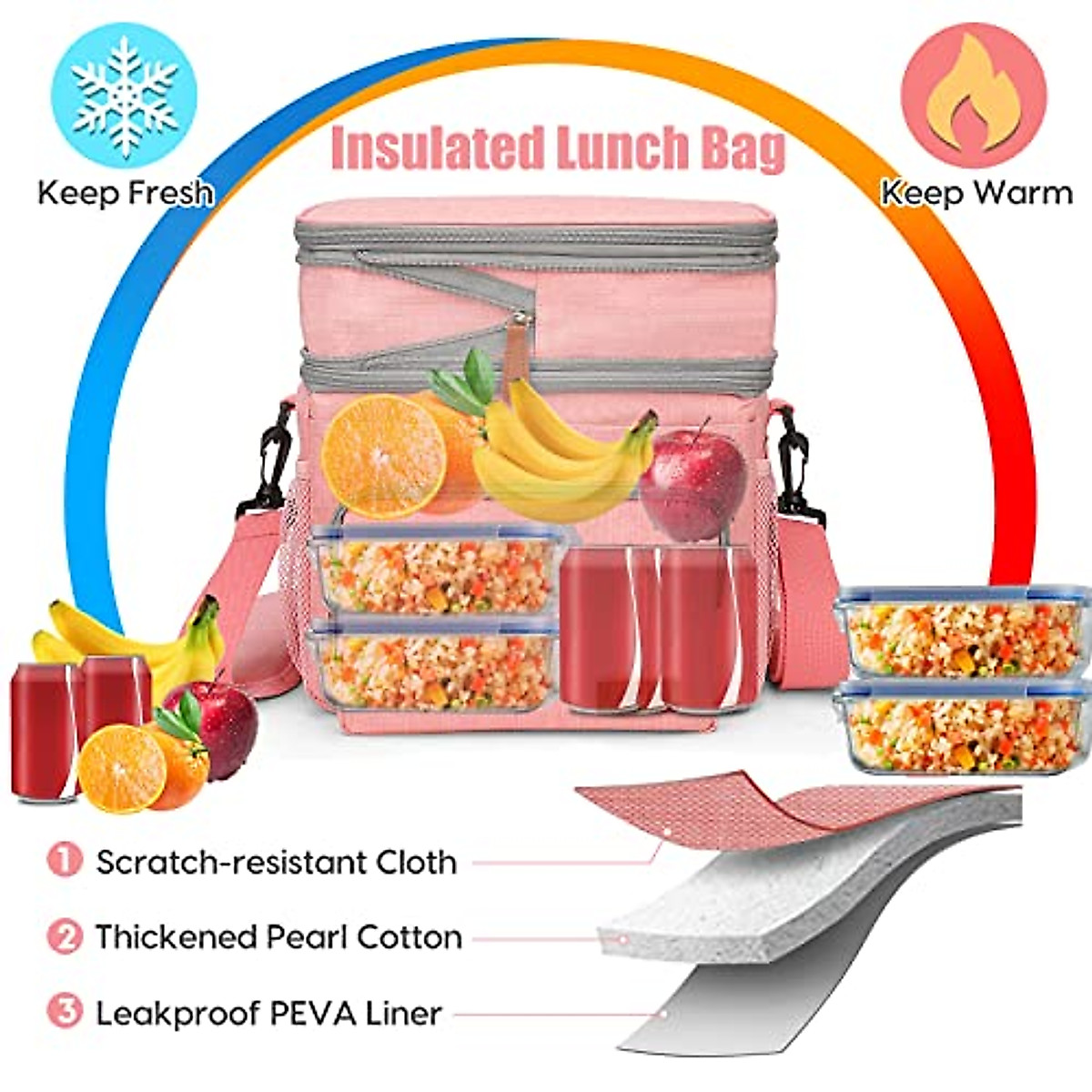 Insulated Lunch Bag for Women Men, Expandable Dual Compartment Lunch Bag with Utensil Pouch, Adult Large Lunch Box for Work, Leakproof Lunch Cooler Bag with Shoulder Strap for Picnic Beach