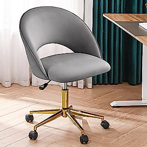 Furniliving Velvet Home Office Chair, Cute Desk Chair Swivel Armchair Upholstered Task Chair with Gold Metal Base, Vanity Chair Adjustable Computer Chair Makeup Chair for Living Room (LightGrey)