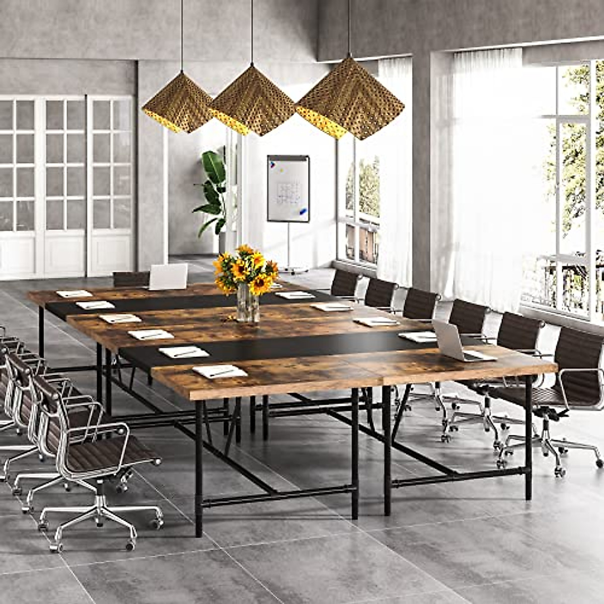 Tribesigns 6FT Conference Table, 70.8" W x 35.4" D Meeting Table Conference Room Tables with Pipe Metal Frame, Rectangular Training Seminar Table Computer Desk with Splice Board for Home Office-Brown