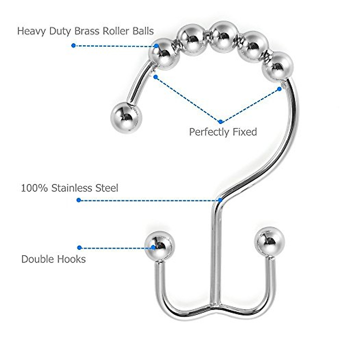 Amazer Shower Curtain Hooks Rings, Rust-Resistant Stainless Steel Double Shower Curtain Hooks, Shower Hooks for Shower Curtain and Liner Bathroom, Set of 12, Chrome