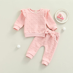 Ynibbim Valentine Baby Girl Clothes Set Ruffle Long Sleeve Sweatshirts Tops Pants Heart-Shape Printed Outfit (Pink, 6-12 Months)