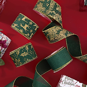 UNIQOOO 40 Yards 4 Rolls Seamless Green Christmas Wired Ribbon Set, 2.5 inch x 10yd. Satin Burlap Wired Edge Ribbon for Xmas Tree Décor, Gift Wrap Box, Bows, Wreath, Garland, Floral DIY Craft, Wedding