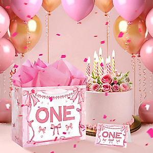 Pink Bow One Birthday Decoration for Girls Large Bow Pink One Baby Shower Bag Hot Pink Bow 1st Birthday Gift Bags with Wrapping Paper Card for Kids Gender Reveal Christmas Birthday Party Supplies