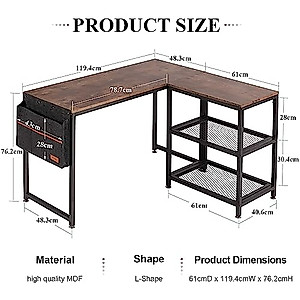 VECELO Computer Desk L Shaped Heavy Duty Home Office Table for Study/Gaming/Writing Room with Storage Bag and Shelf, Space-Saving Corner Workstation, 47" D x 19" W x 31" H, Rustic Brown