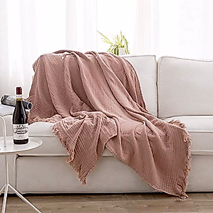 Simple&Opulence Cotton Muslin Throw Blanket for Bed, Couch, Knit Woven Gauze Blanket with Tassels, Soft Lightweight Cozy Pre-Washed Breathable Farmhouse Decoration for All-Season (Dusty Rose)