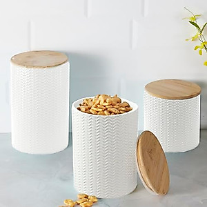 Home Basics Wave 3 Piece Ceramic Canister Set With Bamboo Tops, White