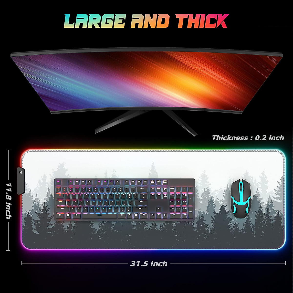 ITNRSIIET RGB Gaming Mouse Pad, Full Desk XL Extended Large Gaming Mousepad, 12 Lighting Modes 30% Thicker Big LED Desk Mat for Gamers, 32 x 12 inches, Ink Painting Misty Forest