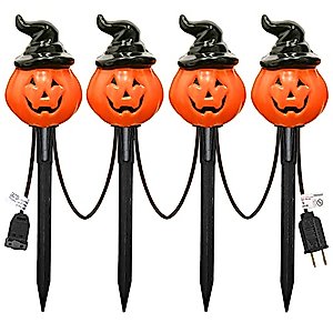 Halloween Decorations Outdoor C7 Halloween Pumpkin Pathway Stake Lights, 7Ft Jack-o-Lantern Garden Stakes with 4 C7 Bulbs, Halloween Pathway String Lights for Outdoor Garden Walkway Party Lighting
