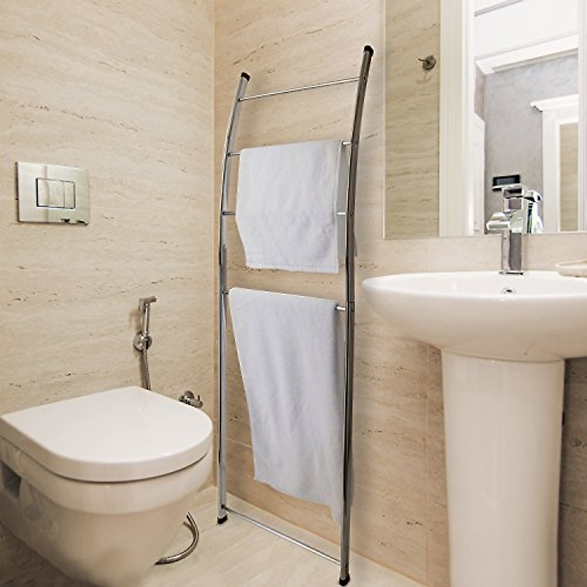 MyGift Silver Chrome-Plated Metal Wall Leaning Decorative Bath Towel Rack Storage Ladder with 4 Rungs and Curved Design, Free Standing Towel Drying Stand with Top and Bottom Non-Slip Rubber Feet