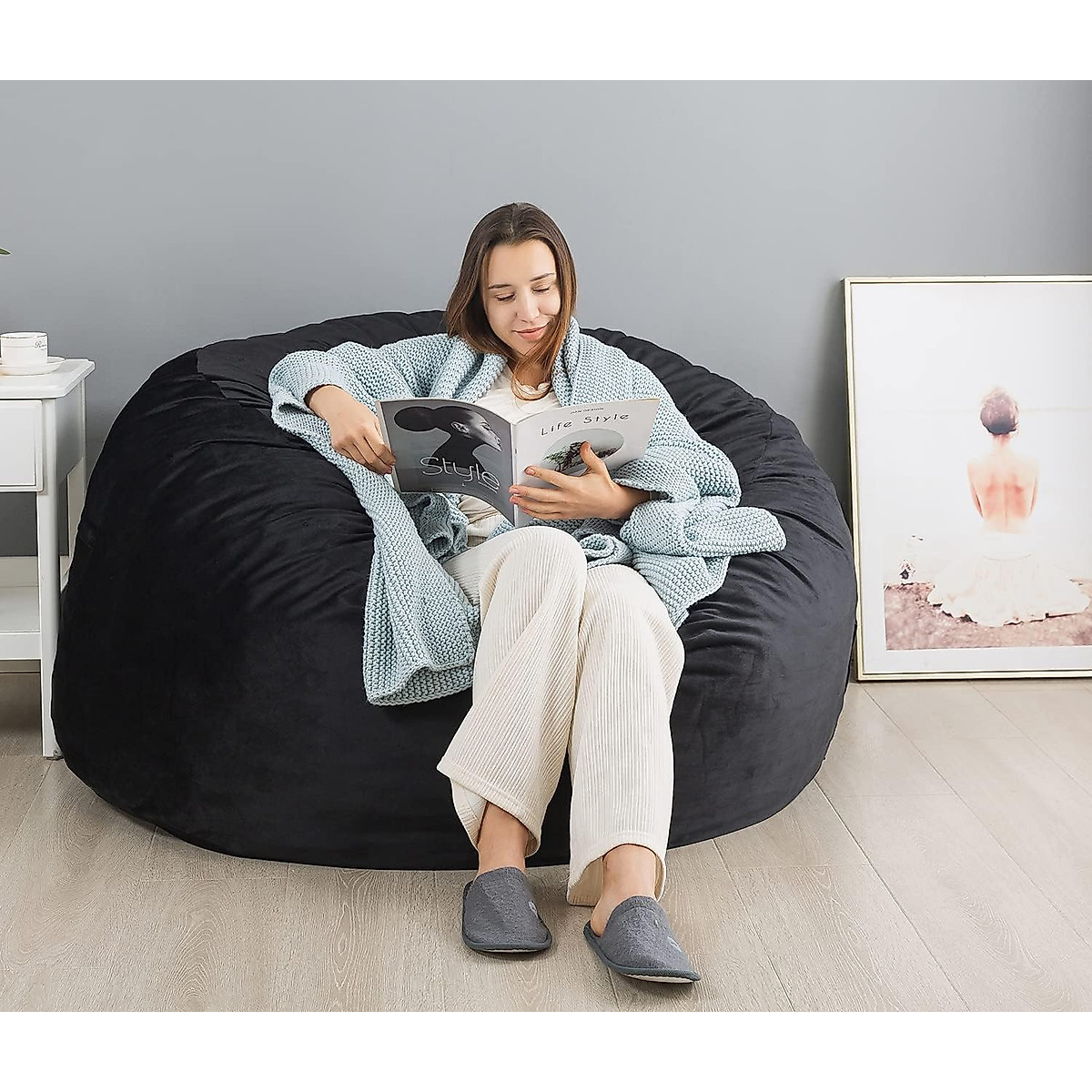 WhatsBedding Bean Bag Chairs for Adults Filled with Memory Foam, Large Bean Bag Sofa, Furniture Bag with Soft Dutch Velvet Cover,Black, 3 FT