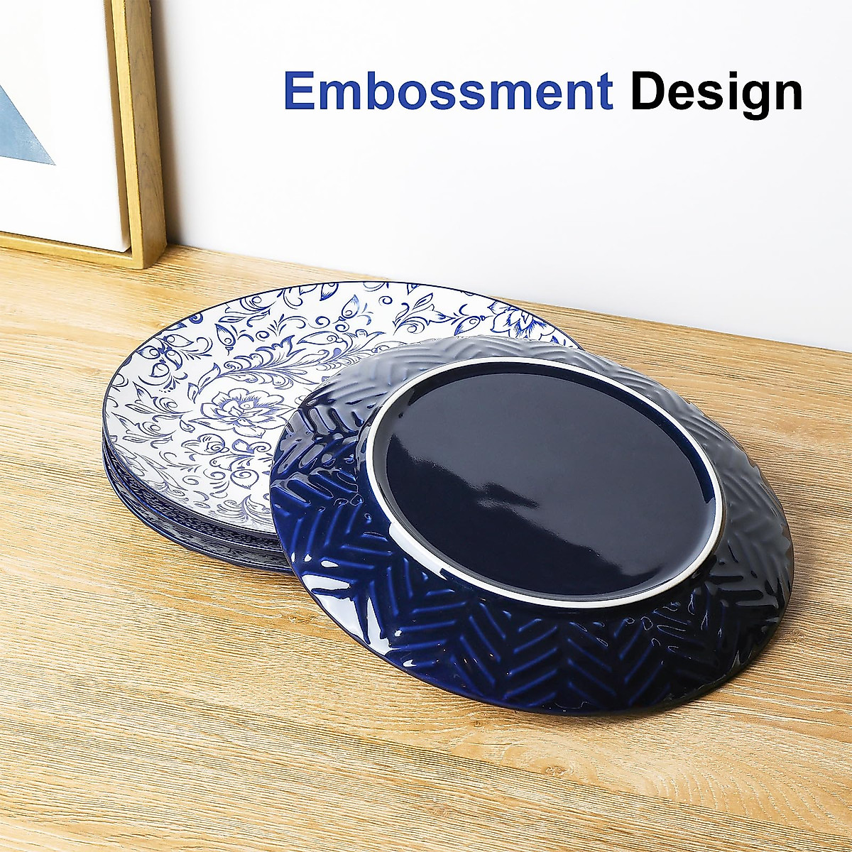 KitchenTour Ceramic Dinner Plates, 10.5 Inch Large Embossed Salad Plates Set of 4, Serving Plates for Dessert, Pasta, Steak, Dishwasher and Microwave Safe