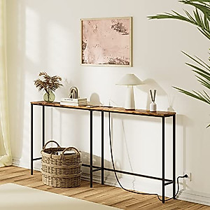 Masupu 70.9 Inch Console Table with Power Outlet,Modern Narrow Long Sofa Table Behind Couch,Skinny Entry Table with Gold Metal Frame for Entryway,Living Room, Hallway,Rustic Brown