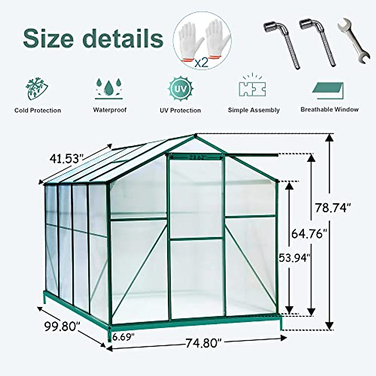 KELRIA 6x8 FT Hybrid Polycarbonate Greenhouse with Lockable Hinged Door, Sliding Door and 2 Vent Window, Walk-in Hobby Greenhouse Aluminum Hot House for Outdoor Garden Backyard, Green