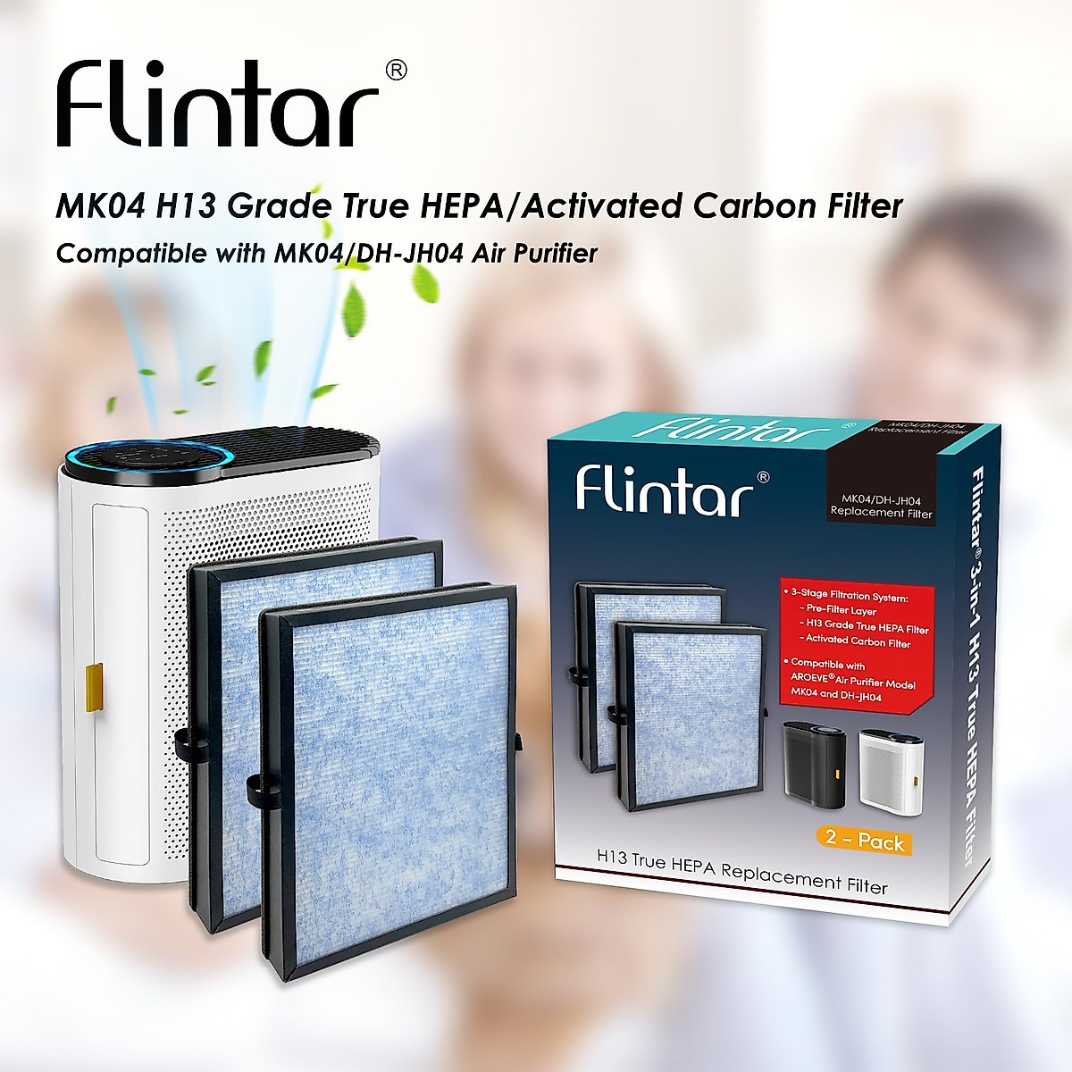 Flintar MK04 True HEPA Replacement Filter, Compatible with AROEVE Air Purifier MK04, MG04JH and DH-JH04, H13 Grade True HEPA Filter, 2-Pack