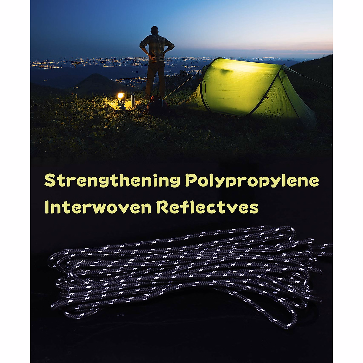 Hikeman 6 Pack 4mm Outdoor Guy Lines Tent Cords Lightweight Camping Rope with Aluminum Guylines Adjuster Tensioner Pouch for Tent Tarp, Canopy Shelter, Camping, Hiking, Backpacking (Black)