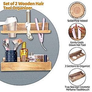 Hair Tool Organizer Wall Mounted - Wooden Hair Dryer Holder, Rustic Blow Dryer Holder for Curling Iron, Hot Tools, Hair Straighteners, Set of 2 Bathroom Vanity Tray for Makeup,Toiletries, Brown
