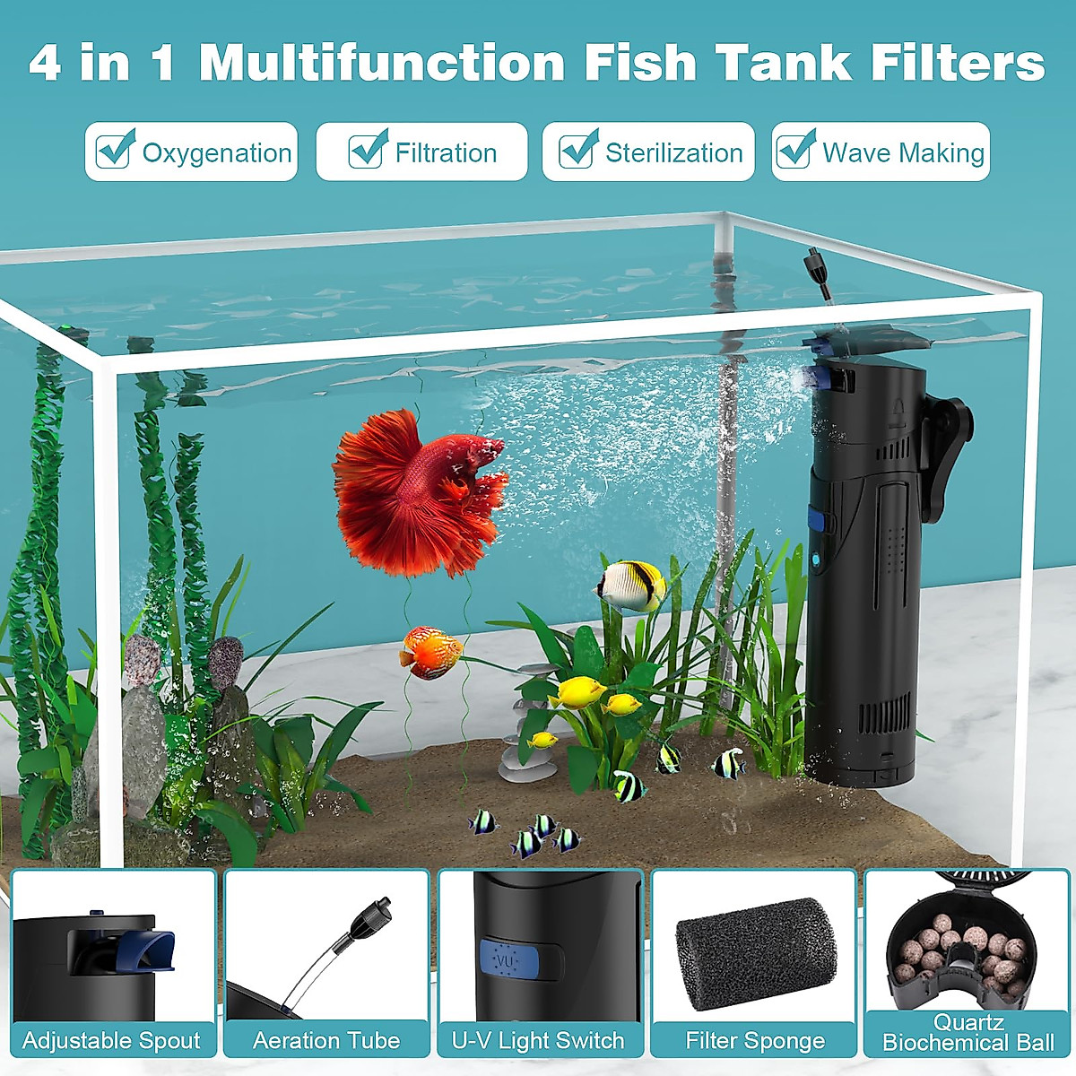 FishCheers Aquarium Filter for 25-198 Gal Fish Tanks, Green Killing Machine with 9W U-V Light Small Fish Tank Filters, Maximum Flow 185 GPH Submersible Aquarium Filter